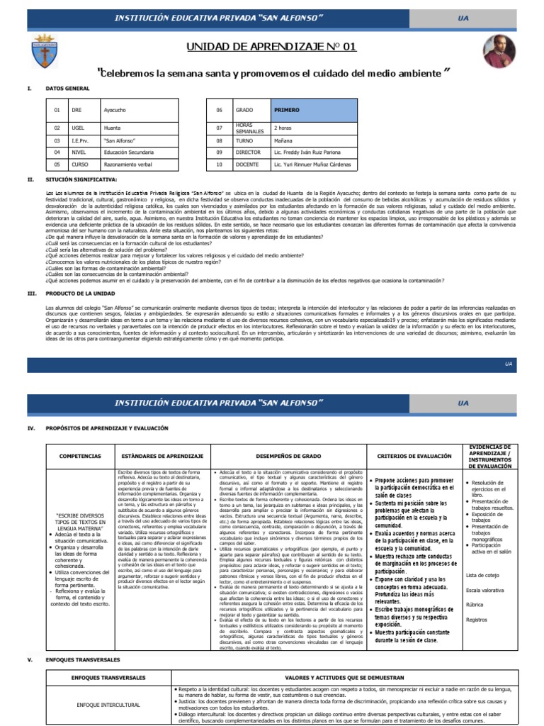 1ro - Unidad de Aprendizaje Integrado 2022 | Descargar gratis PDF | Aprendizaje | Evaluación