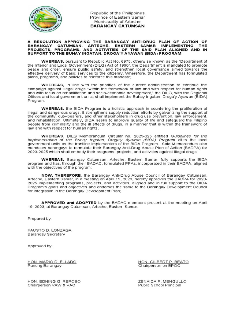 Barangay Catumsan Anti-Drug Plan Approval | PDF | Justice | Crime ...