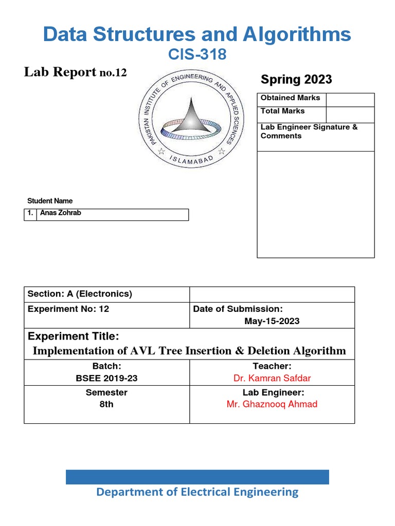 Dsa Lab Report 12 Anas Zohrab Pdf Computing Algorithms And Data Structures