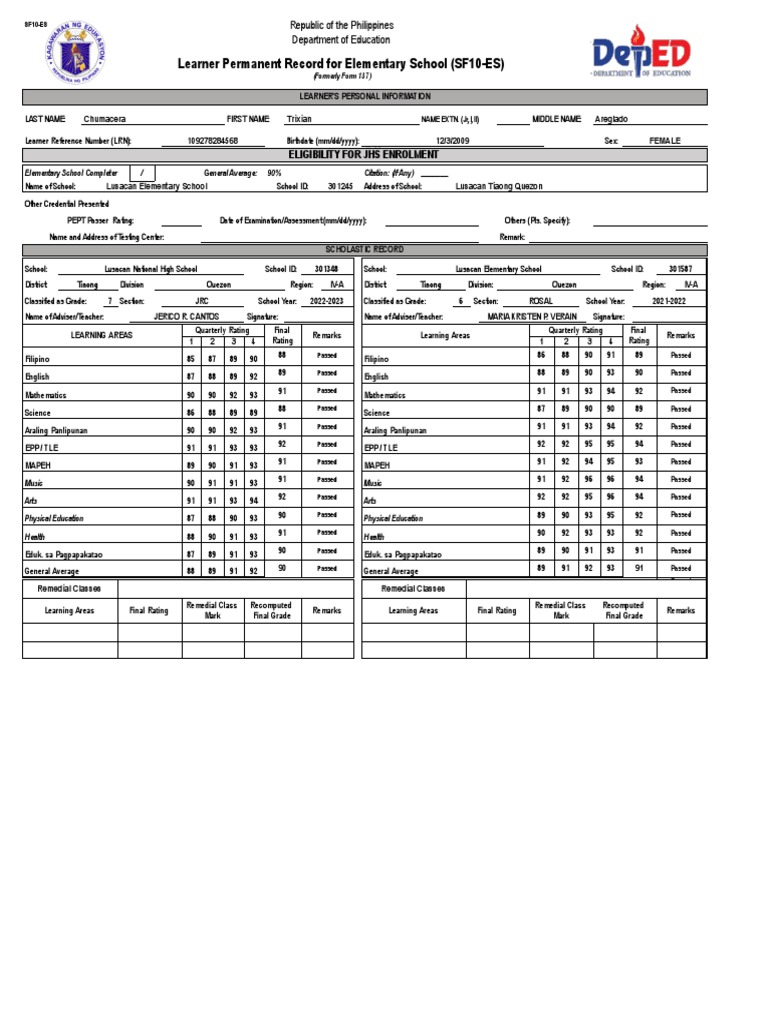 School Form 10 ES Learners Permanent Record Front | PDF