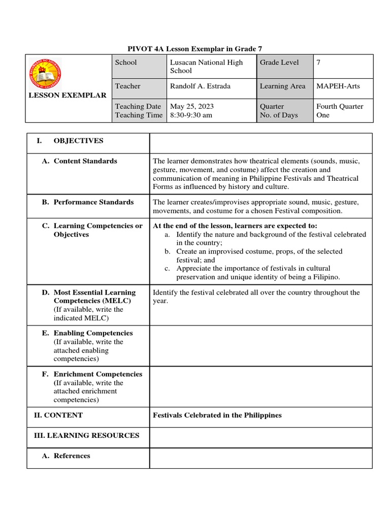 PIVOT 4A Lesson Exemplar in Grade 7 | PDF | Festival