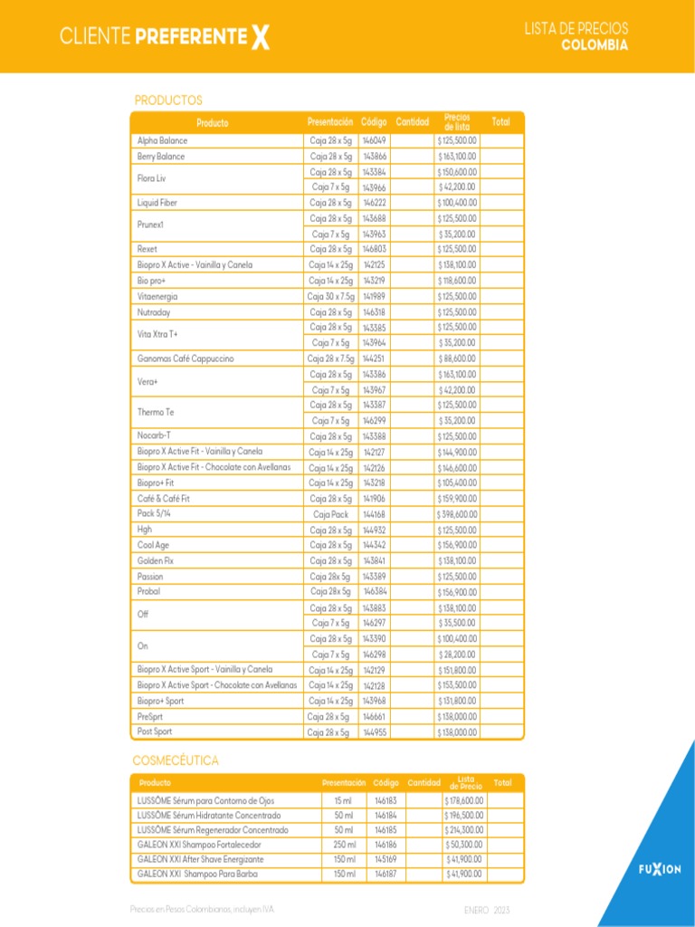 Lista de Precios Cliente Preferente Fuxion Colombia Enero 2023 - CO ...