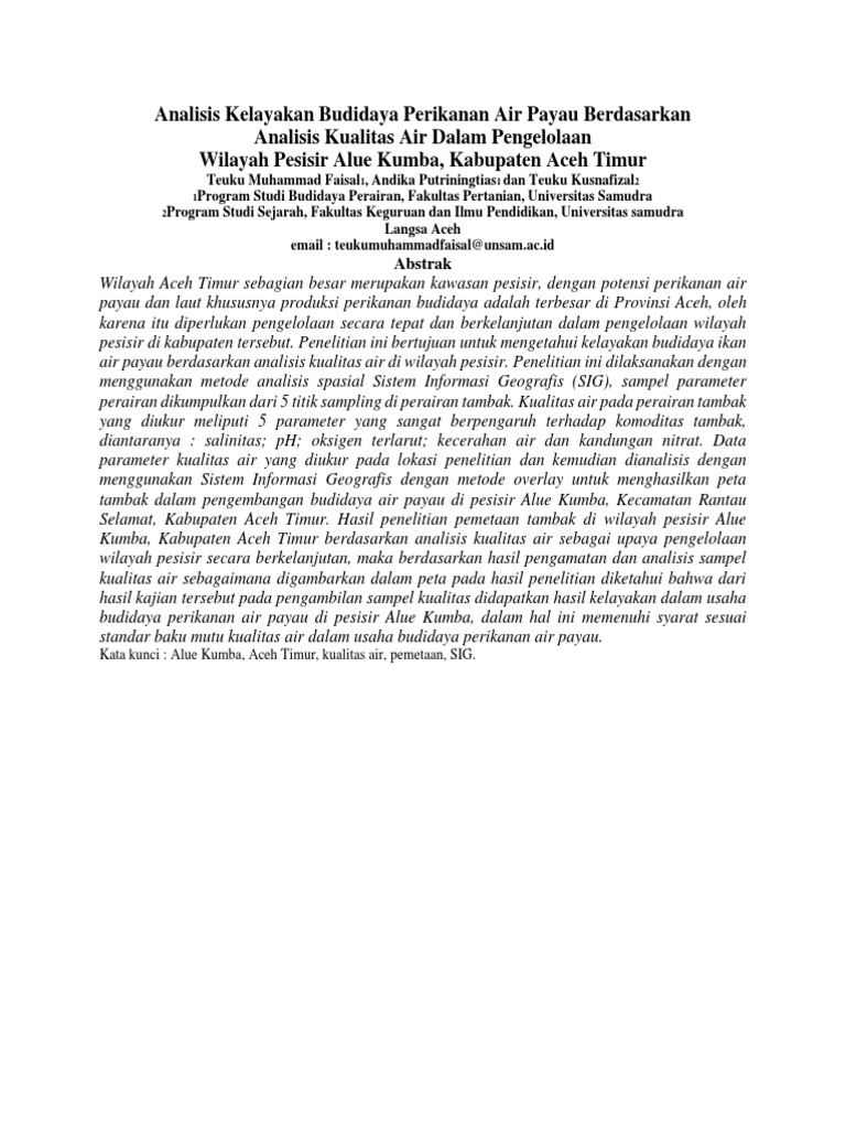 Analisis Kelayakan Budidaya Perikanan Air Payau Berdasarkan | PDF