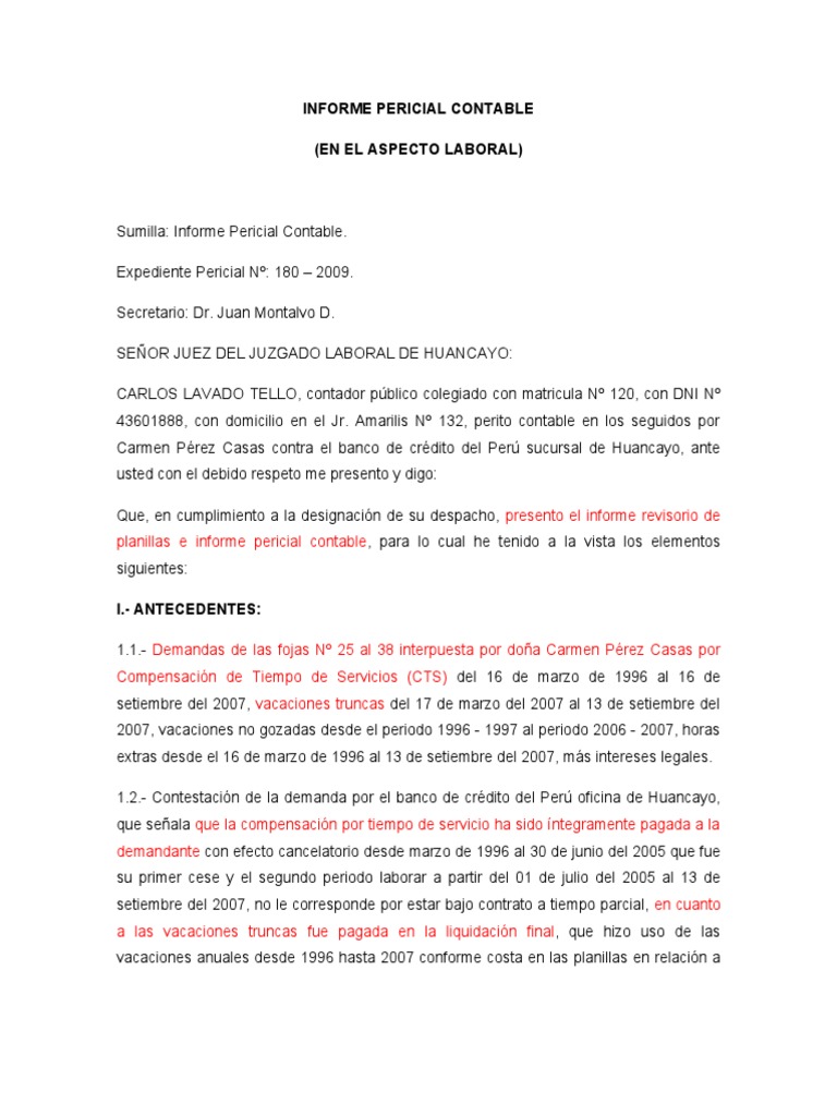 Informe Pericial Contable Laboral Perú | PDF | Salario | Tiempo de trabajo