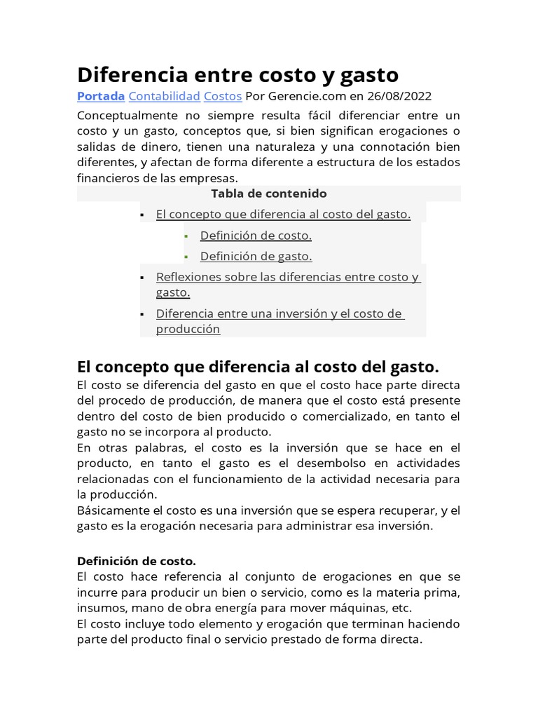 Diferencia Entre Costo y Gasto | PDF | Costo | Inversiones