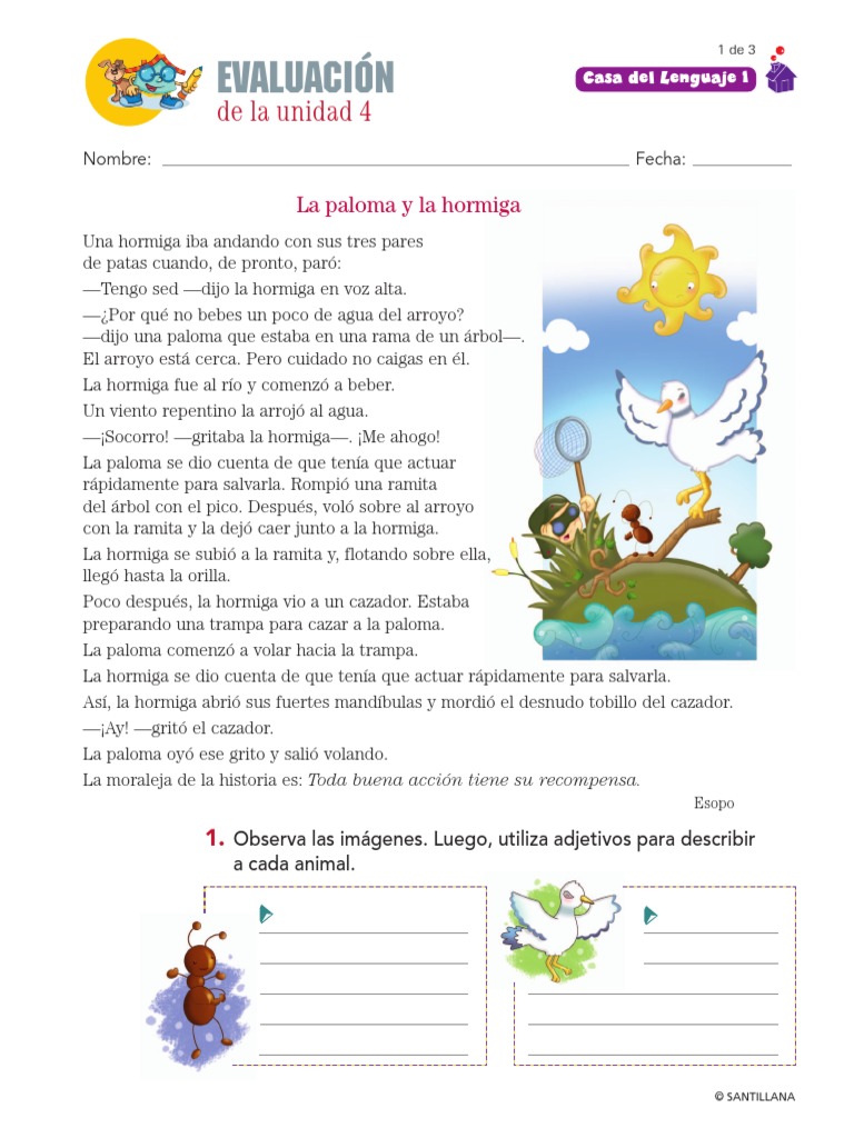 Evaluación de la Fábula: La Paloma y la Hormiga | PDF | Hormiga