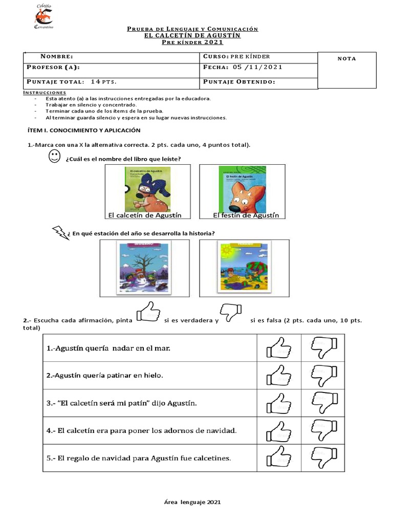 Evaluación El Calcetín de Agustín Pre Kínder 2021 | PDF
