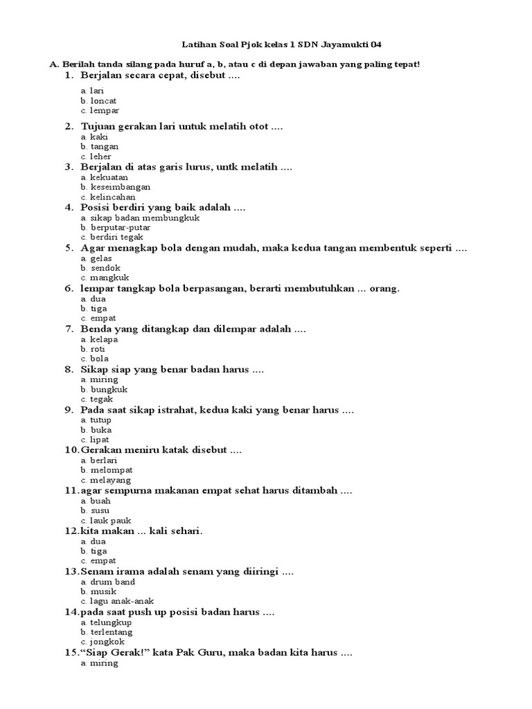 Latihan Soal Kls 1 Pjok | PDF