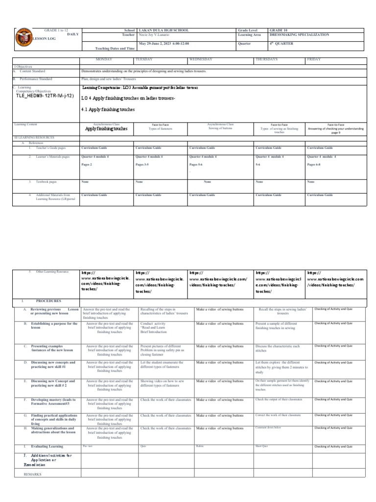 Grade 10 Dressmaking Lesson Plan | PDF | Curriculum | Sewing