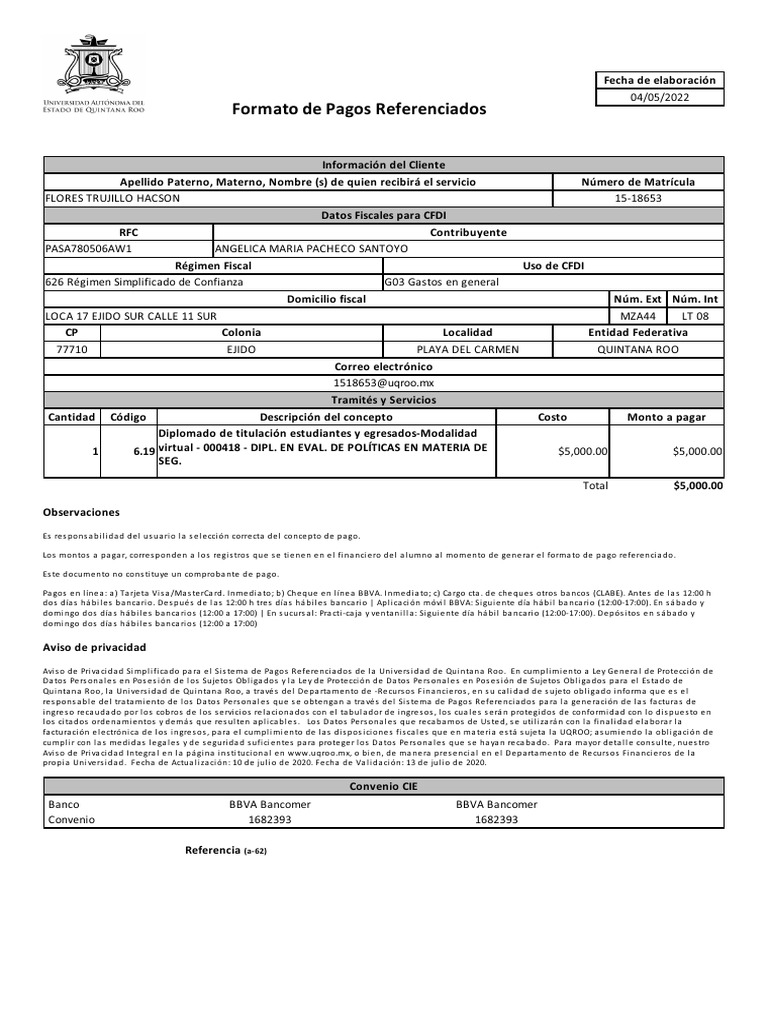 Pago Referenciado UQROO: Diplomado | PDF