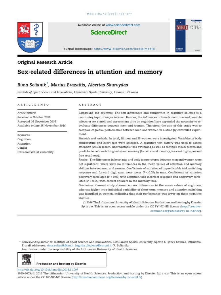 Sex Related Differences In Attention And Memory Diferenças