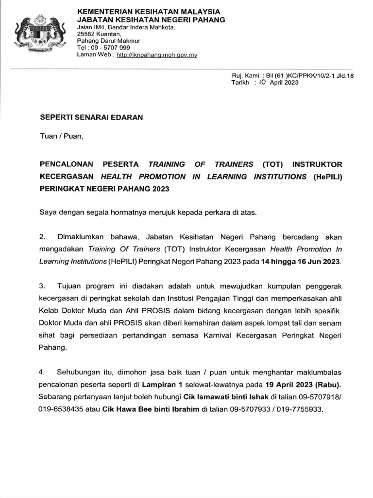 Surat Mohon Pencalonan Tot Kecergasan Hepili JKNP | PDF