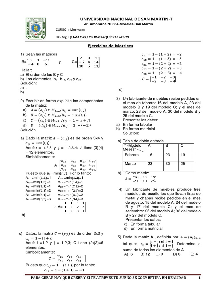 Ejercicios de Matrices y Soluciones | PDF | Matriz (Matemáticas) | Objetos matemáticos