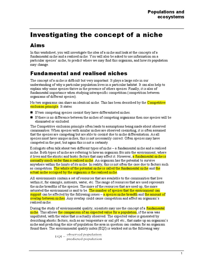 Investigating Niche - Activity Sheet | PDF | Ecological Niche ...