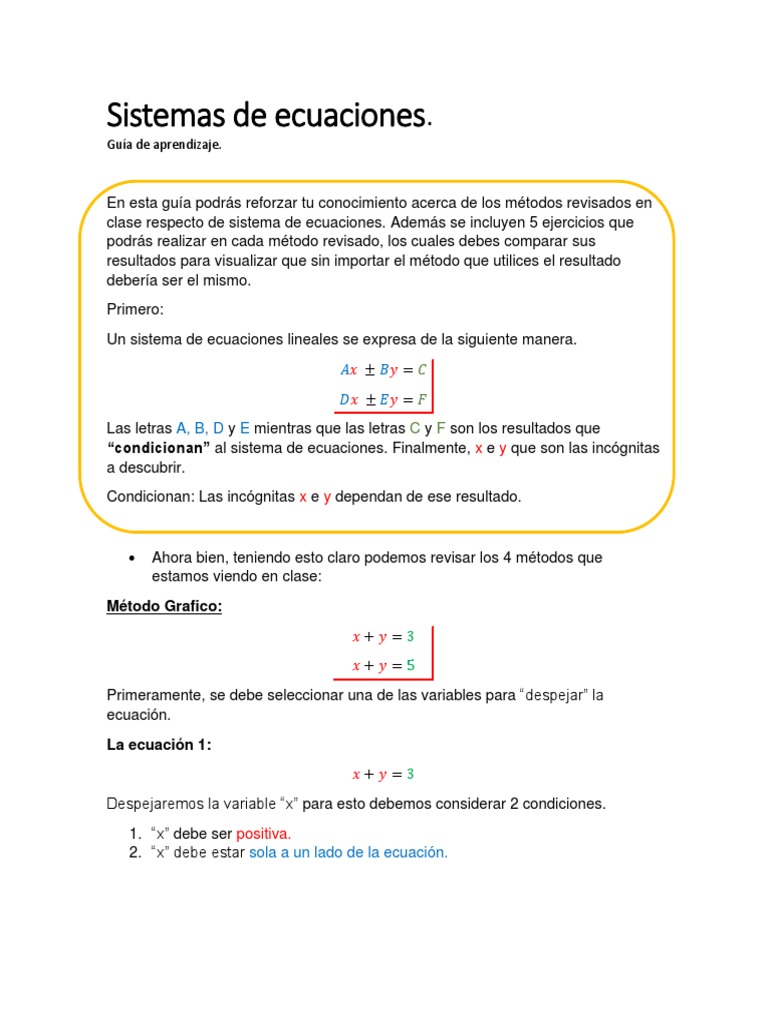 Sistemas de Ecuaciones Guía de Aprendizaje | PDF