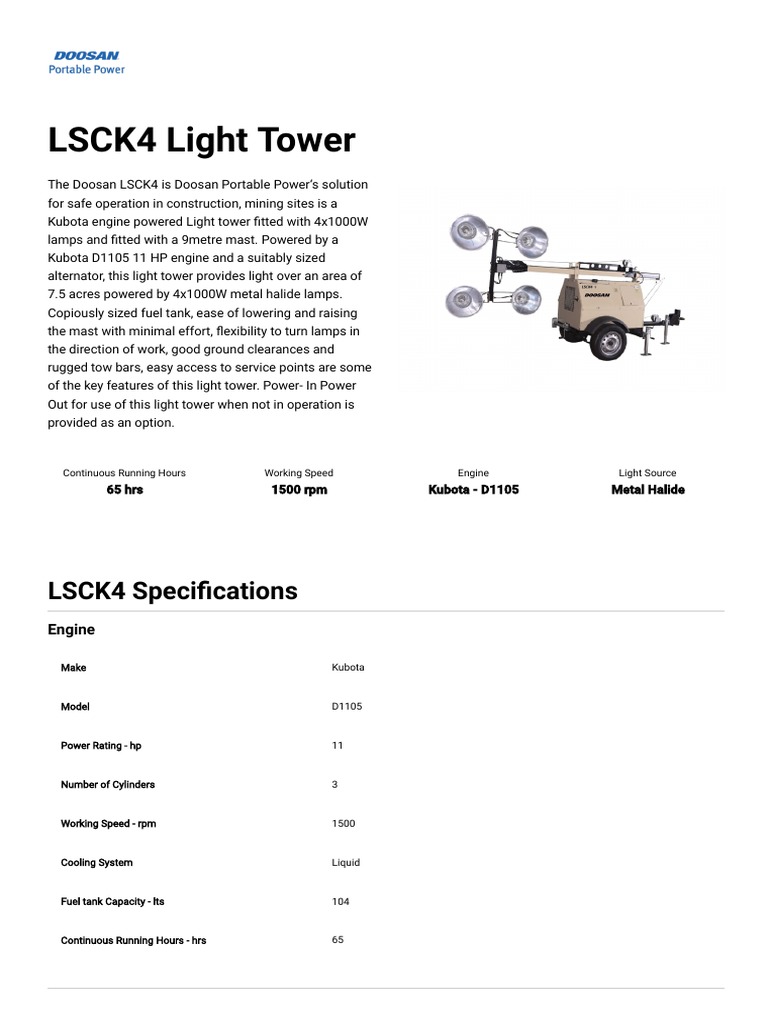 Doosan LSCK4 Light Tower Specifications | PDF