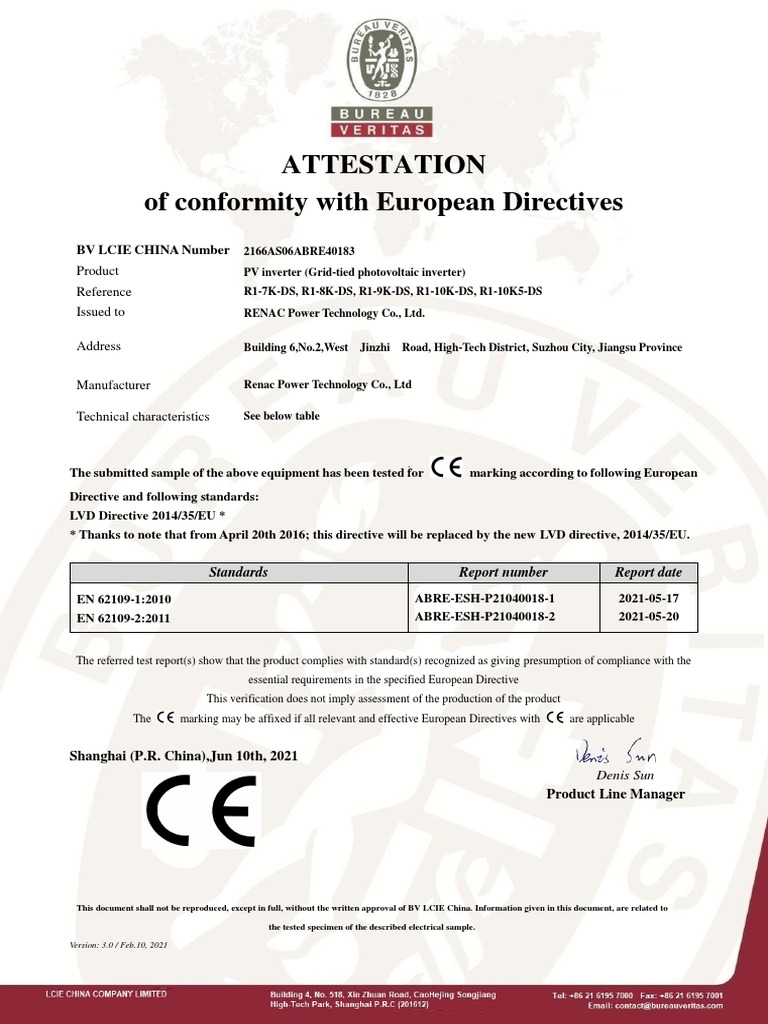 R1-7-10K5-DS CE-LVD Certificate | PDF | Power Inverter | Physical Quantities