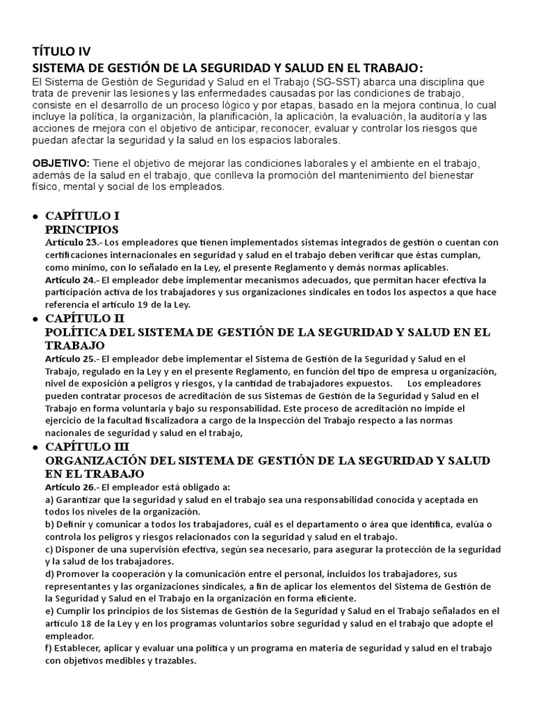 Título Iv Sistema de Gestión de La Seguridad y Salud en El Trabajo | PDF | Seguridad y salud ...