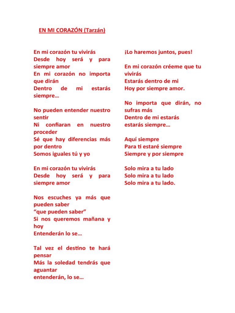 Letra de "En mi corazón" - Tarzán | PDF | Música grabada