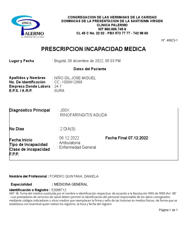 Incapacidad Medica Jose Miguel Ni - o Gil - Epssura-Rinof | PDF