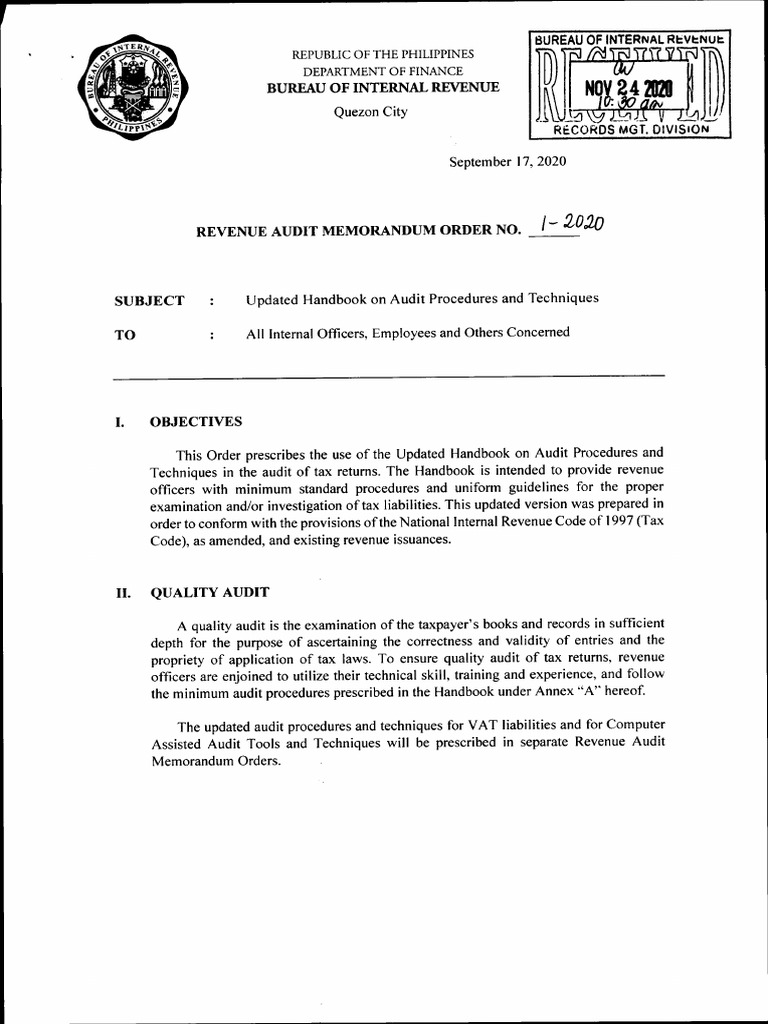 Revenue Audit Memorandum Order (RAMO) No. 1-2020 | PDF