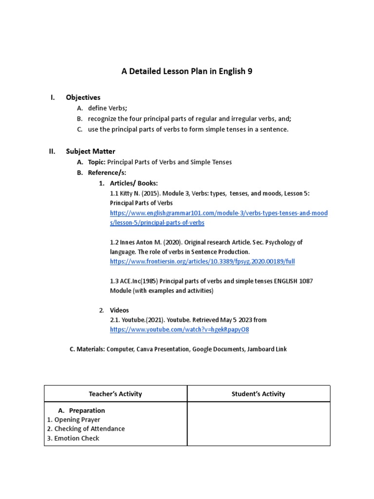 Detailed Lesson Plan on Verbs and Tenses | PDF | Verb | Grammatical Tense