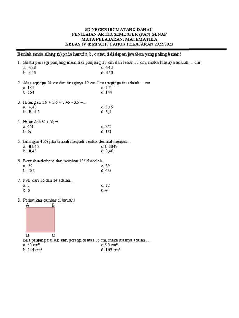 Soal Pas Matematika Kelas 4 Semester 2 | PDF | Metode & Bahan Ajar