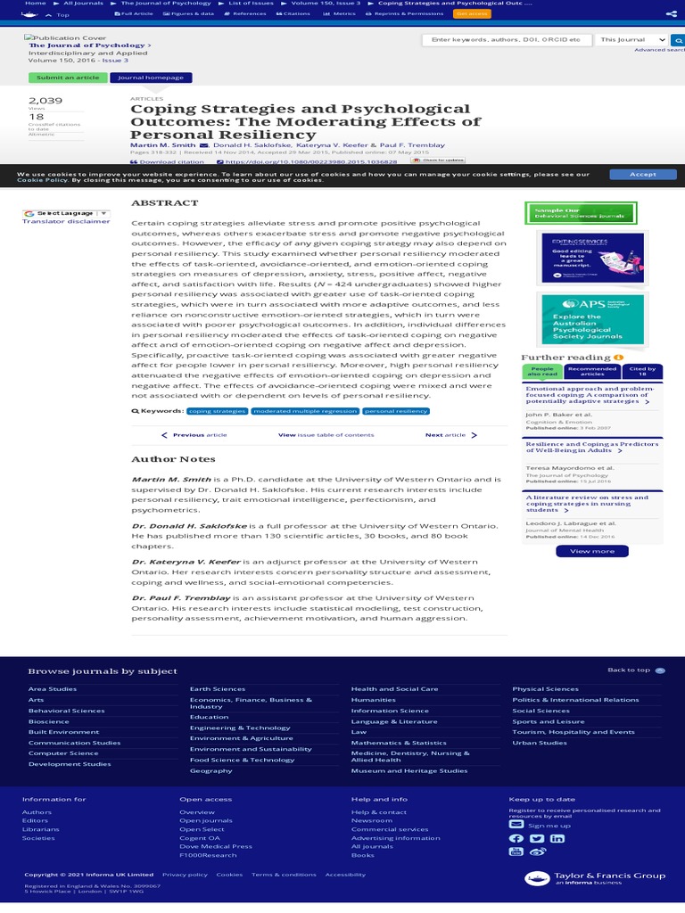 Coping Strategies and Psychological Outcomes - The Moderating Effects ...