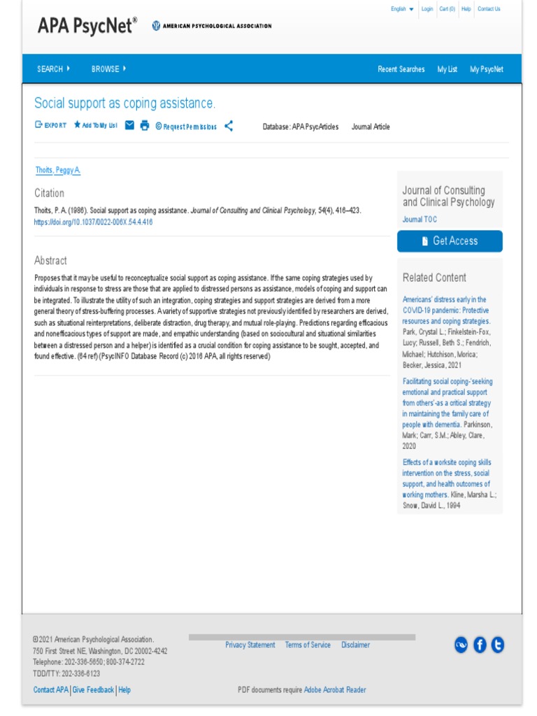 Social Support As Coping Assistance. - PsycNET | PDF | Social Support | American Psychological ...