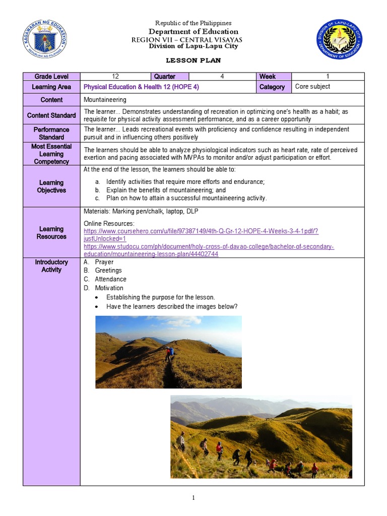 SHS Pe DLP Q4W1 | PDF | Learning | Mountaineering SHS Pe DLP Q4W1 | PDF | Learning | Mountaineering
