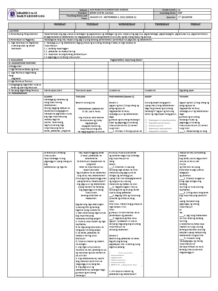 Daily Lesson Log ESP | PDF