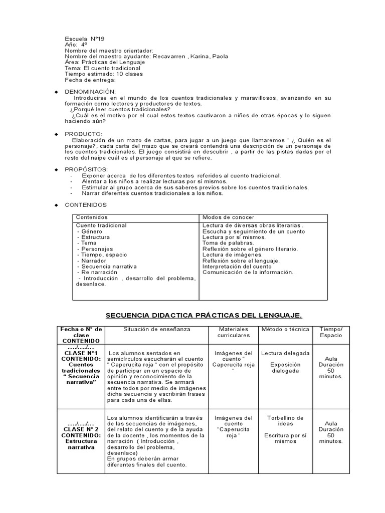 Secuencia Didactica Pract - Leng Cuento Tradicional 2014 | PDF ...