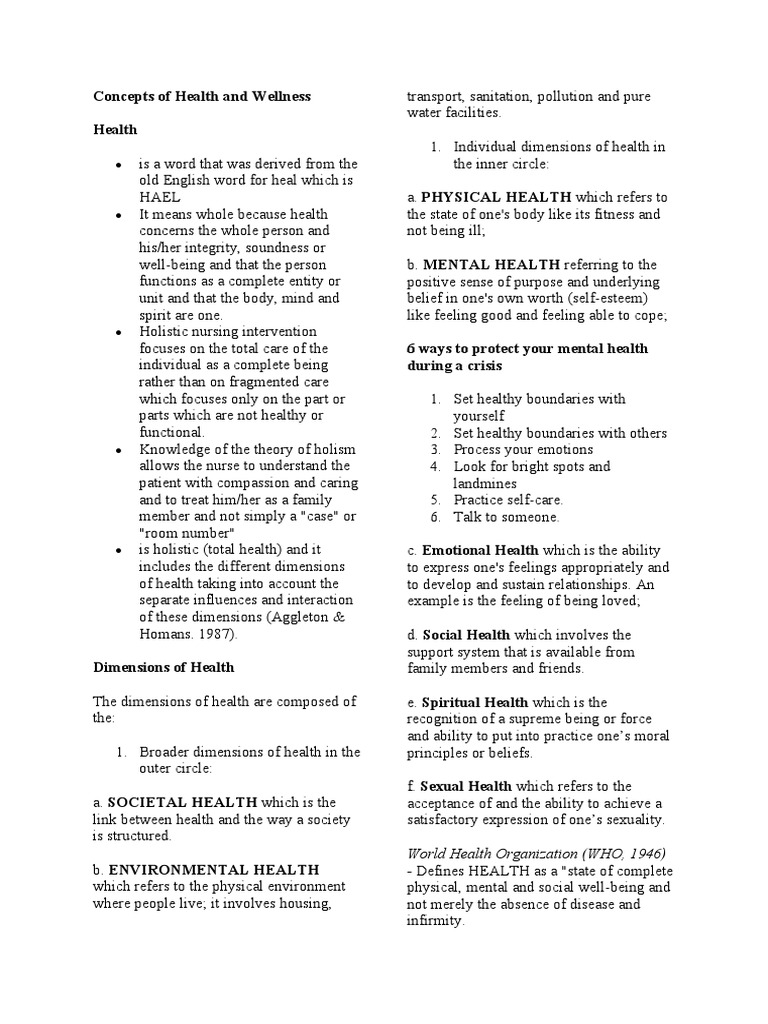 Lesson 1 Concepts of Health and Wellness | PDF | Mental Health ...