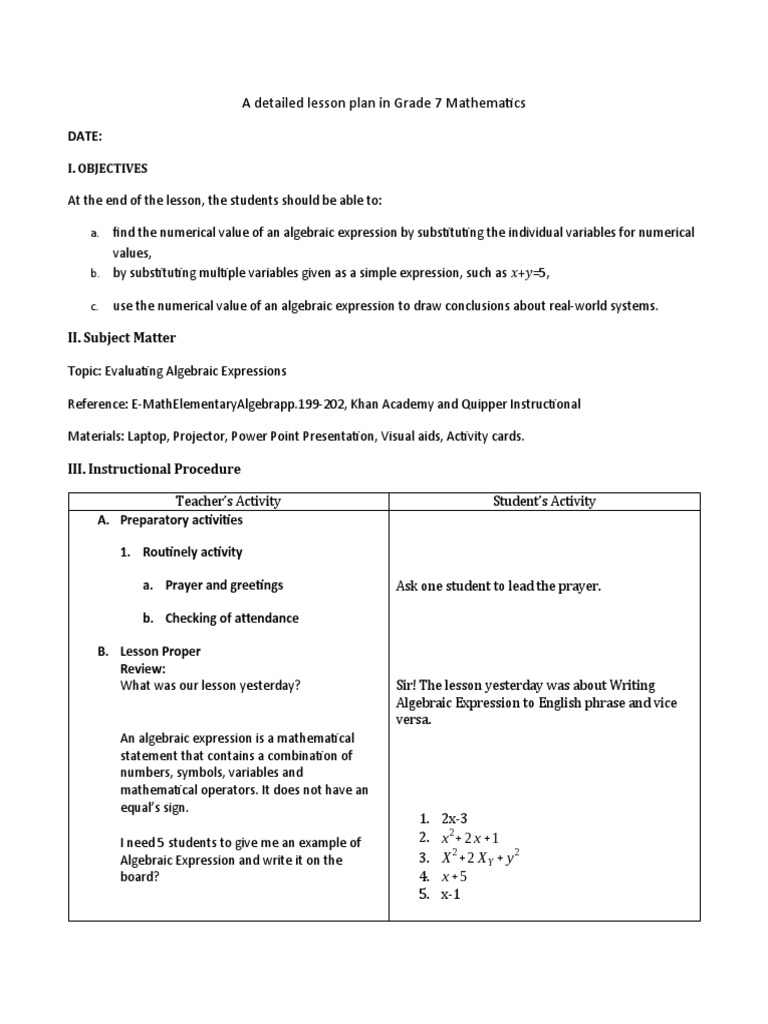 A Detailed Lesson Plan in Grade 7 Mathematic1 | PDF | Teaching Methods ...