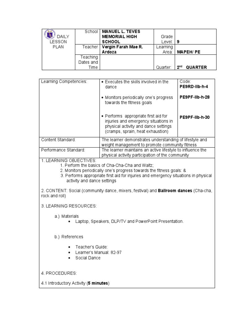 DAILY LESSON PLAN Cha Cha Cha and Waltz | PDF | Learning | Teachers