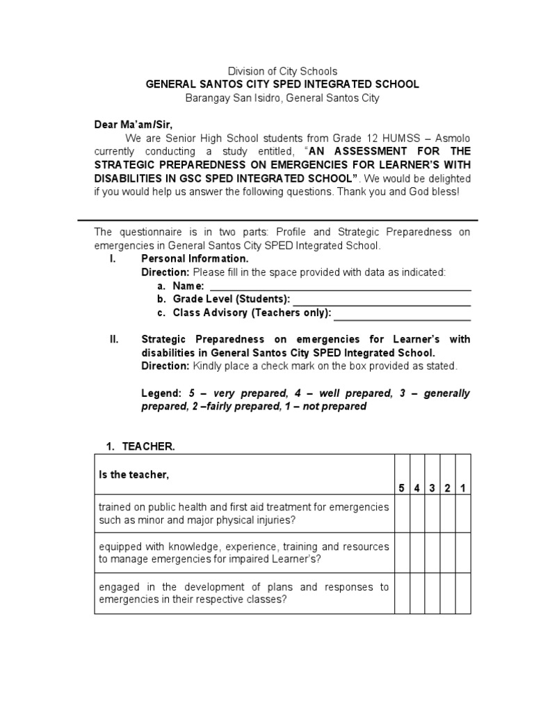 Questionnaire For Practical Research | PDF | Disability | Emergency
