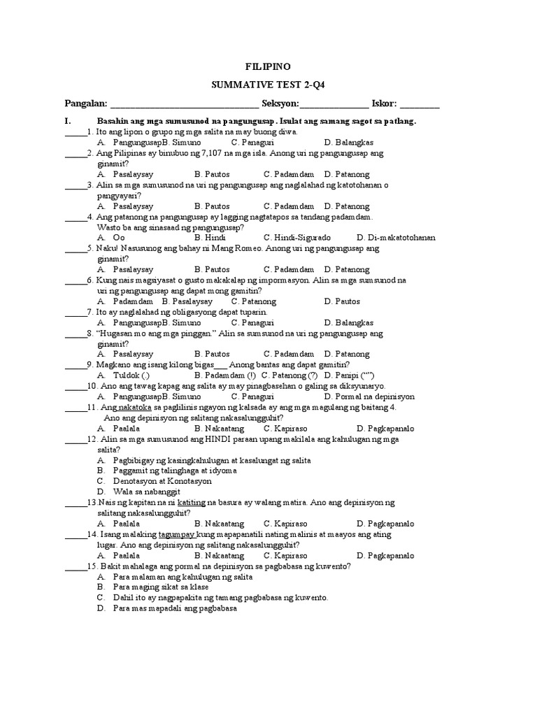 FILIPINO IV SUMMATIVE TEST 2 | PDF