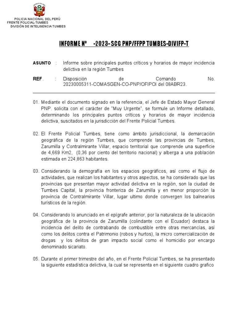 Informe Sobre Incidencia Delictiva para El Jefe Del Frente Policial Gral PNP Tumbes - 08abr2023 ...