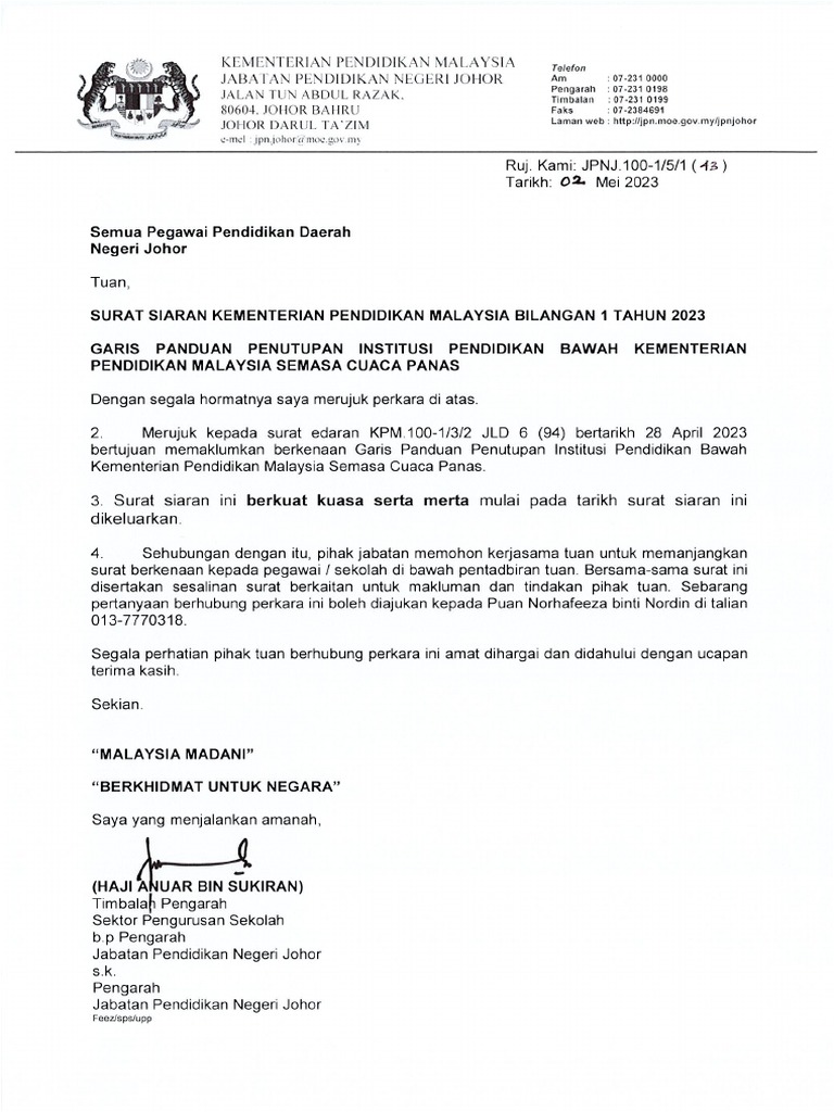 Surat Siaran KPM Bil 1 2023 Garis Panduan Penutupan Institusi ...