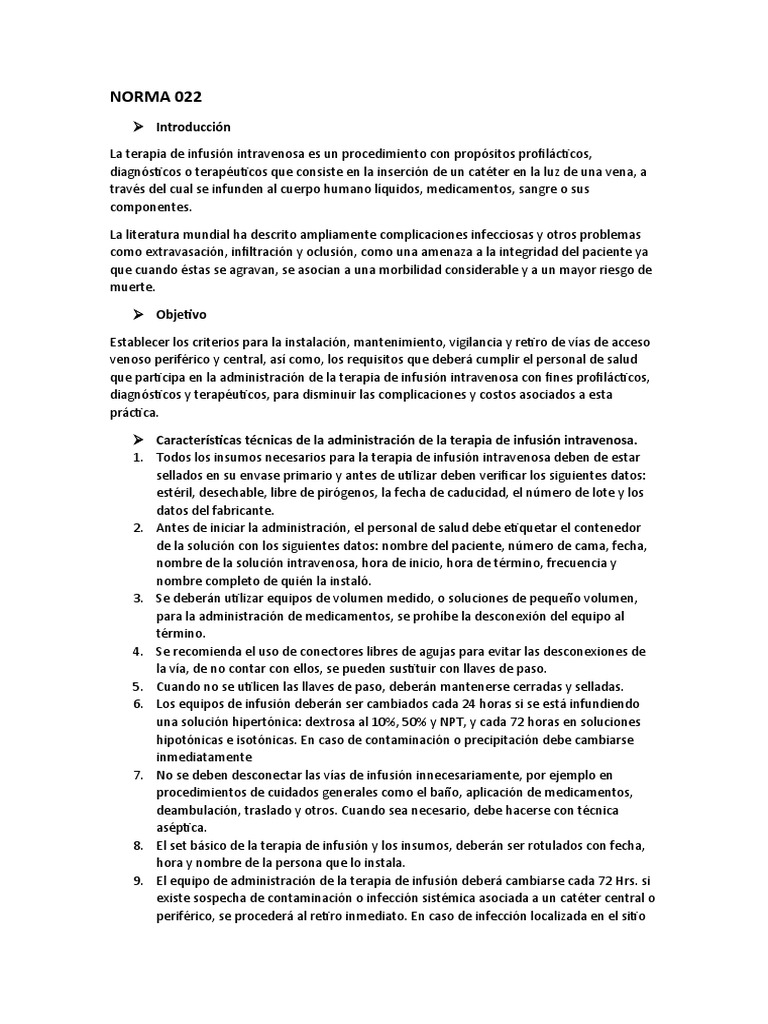 Norma 022 | PDF | Terapia intravenosa | Medicina CLINICA