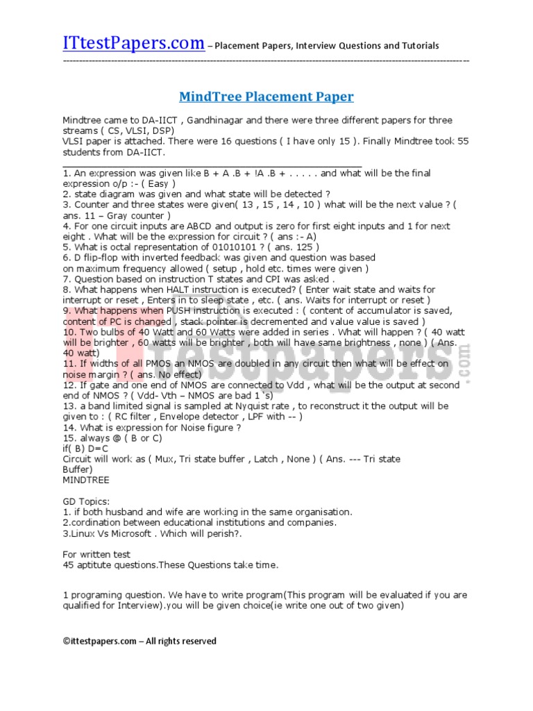 Mindtree Placement Paper 1 | PDF
