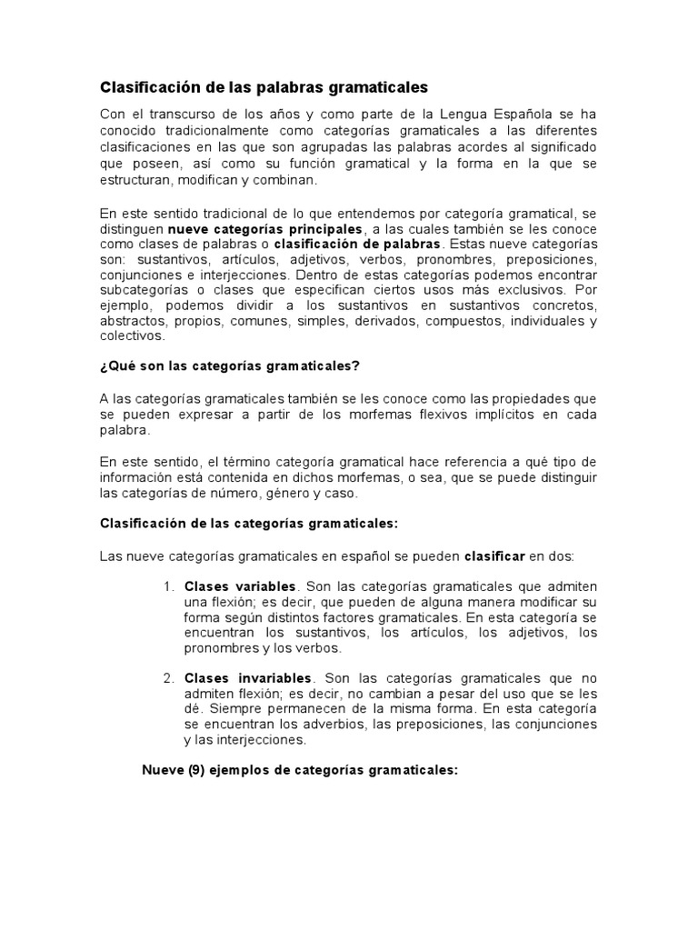 Clasificación de Las Palabras Gramaticales | PDF | Parte del discurso ...