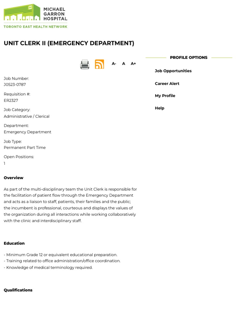 Unit Clerk II (Emergency Department) - Michael Garron Hospital, Toronto ...