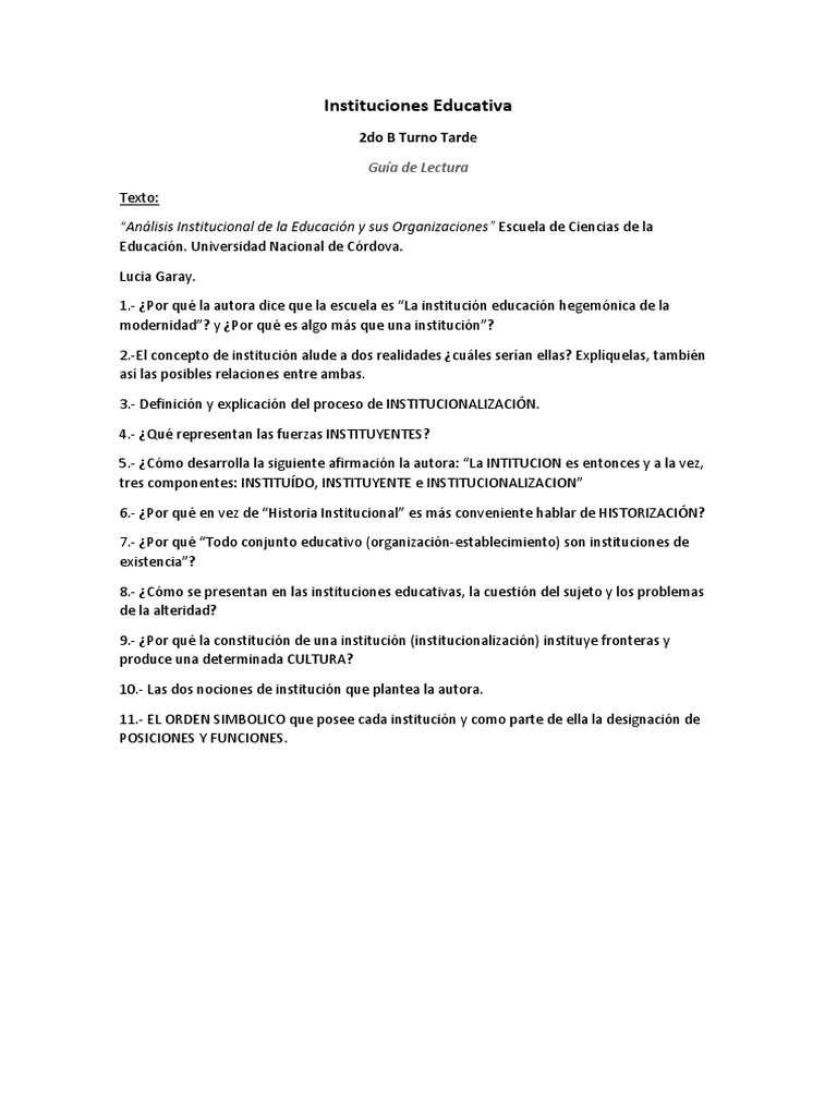 INSTITUCIONES EDUCATIVAS. Guia de Lectura. Lucia Garay | PDF