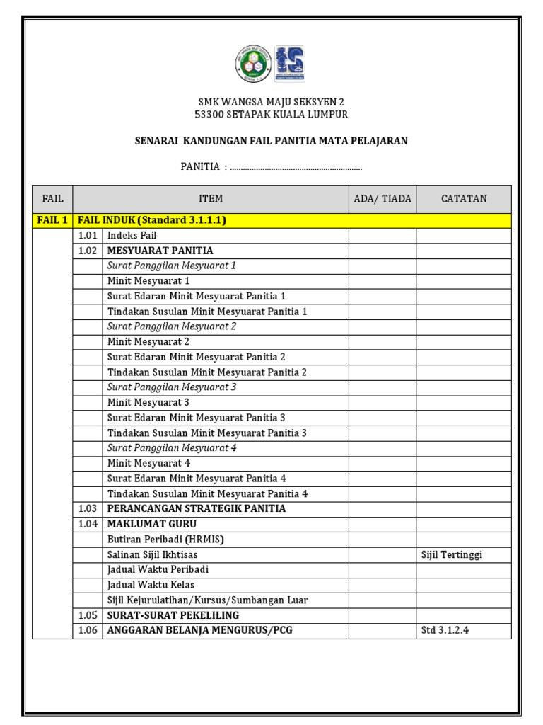 Senarai Semak Fail Panitia (Fail 1) | PDF