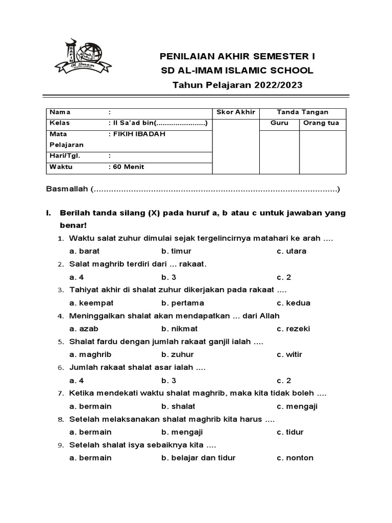 02 Soal Pas Fikih Kelas 2 SD Al Imam Aiis 2022-2023 | PDF