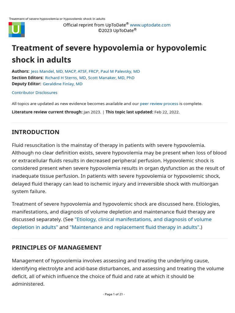 Treatment of Severe Hypovolemia or Hypovolemic Shock in Adults | PDF