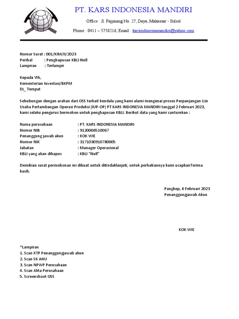 Permohonan Penghapusan KBLI OSS | PDF
