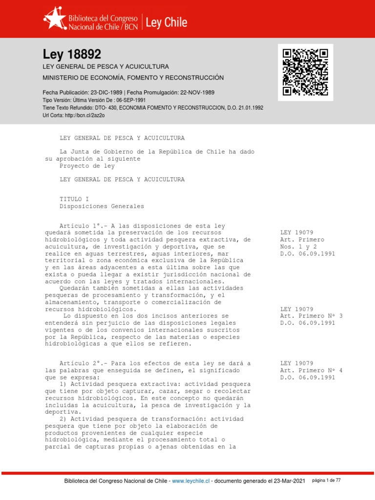 Ley-18892 - 23-Dic-1989 Pesca | PDF | Pesquería | Chile