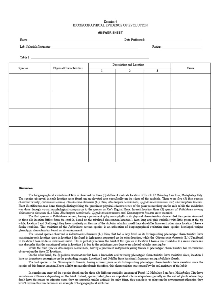 Exercise 4 Answer Sheet_ Biogeographical Evidence of Evolution | PDF ...